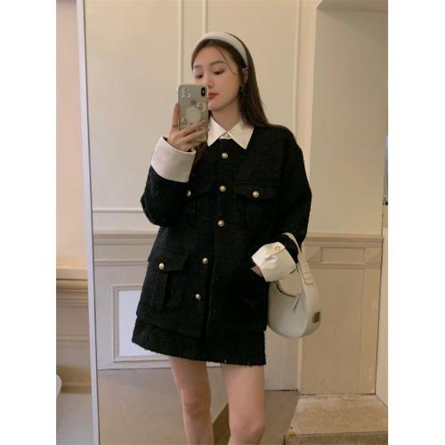 마르키스 입고중 Set 블랙 트위드 코트 도톰 체크 화이트 카라 고급스러운 일자핏 아우터 봄 가을 겨울 자켓 Jk 세미 정장 캐주얼 미니 스커트 치마 투피스 세트